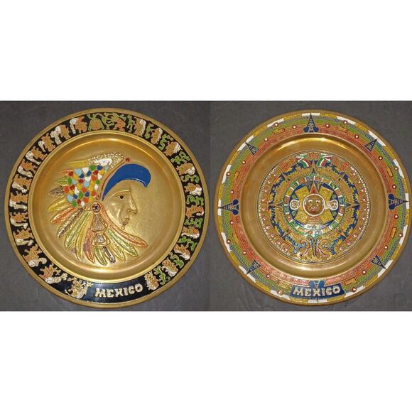 Art | Vintage Brass Wall Plates Aztec Sun Stone Calendar Aztec Warrior ...